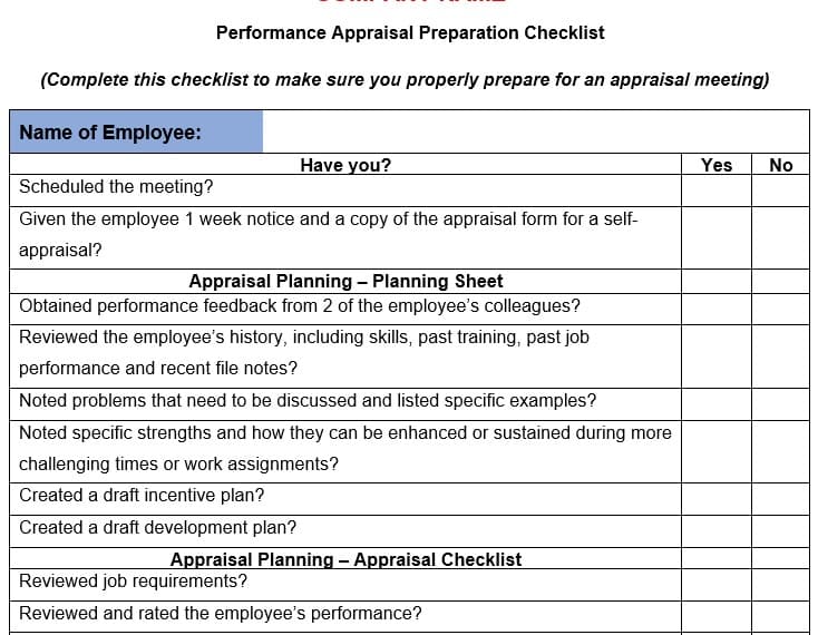 Performance Appraisals Performance Appraisal Preparation Checklist