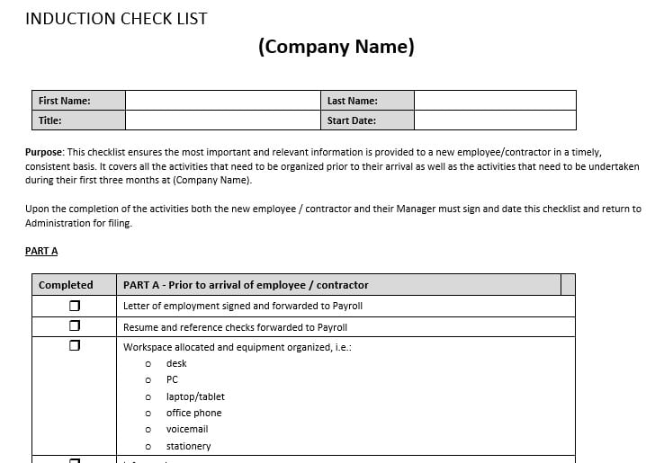 Employee Inductions Induction Checklist